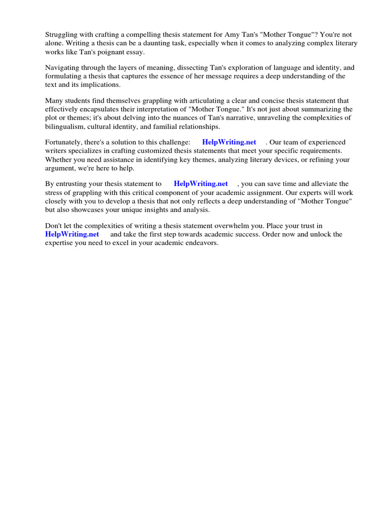 Thesis Statement Amy Tans Mother Tongue | PDF | English Language ...