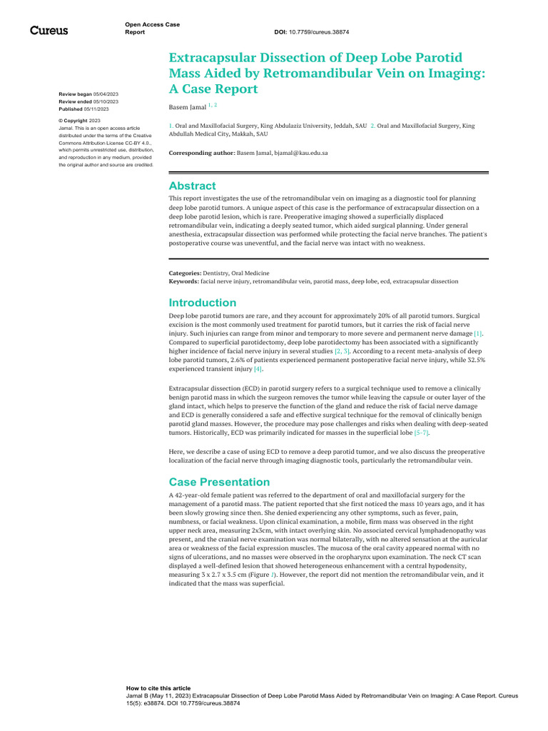 Extracapsular Dissection of Deep Lobe Parotid Mass Aided by ...