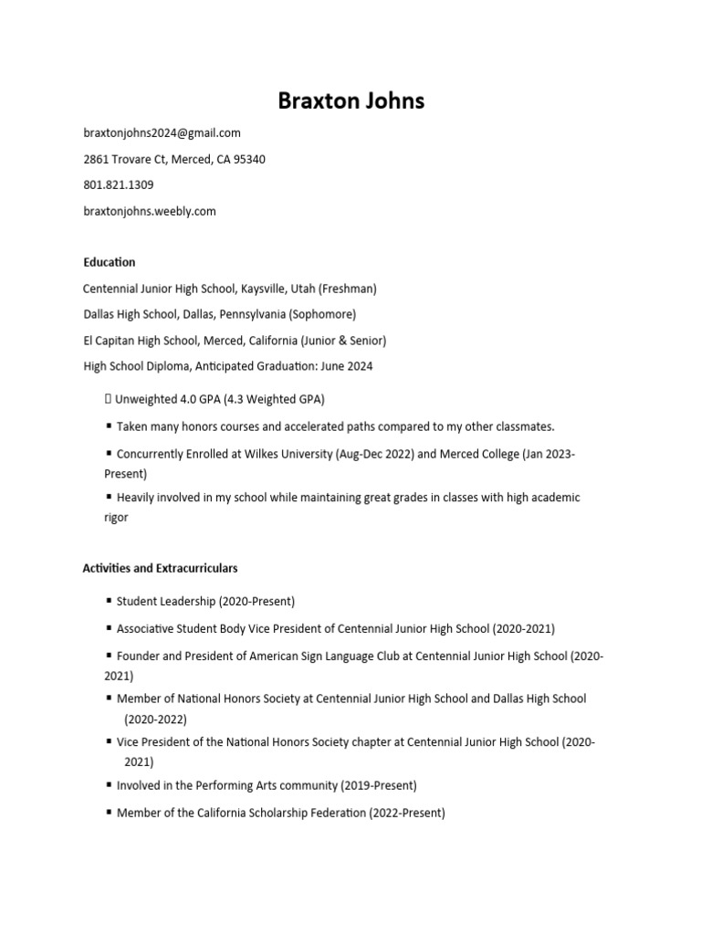 Braxton Johns - Academic Resume | PDF | Hospital