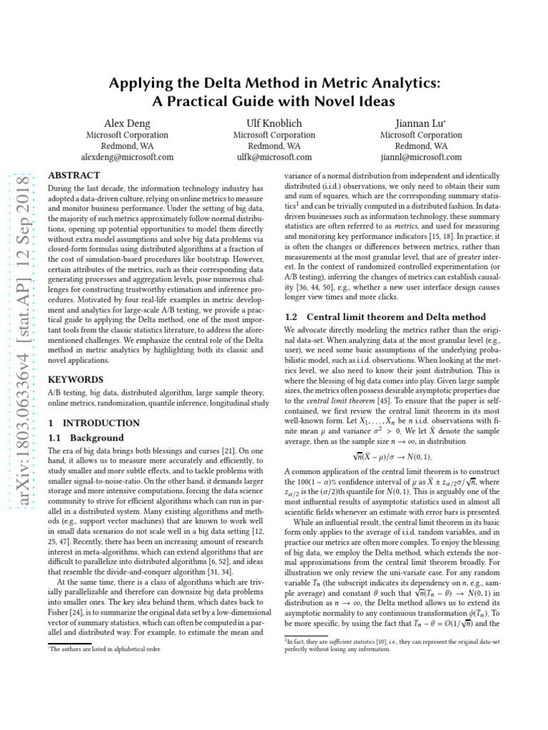 Applying The Delta Method in Metric Analytics: A Practical Guide With Novel Ideas | PDF ...