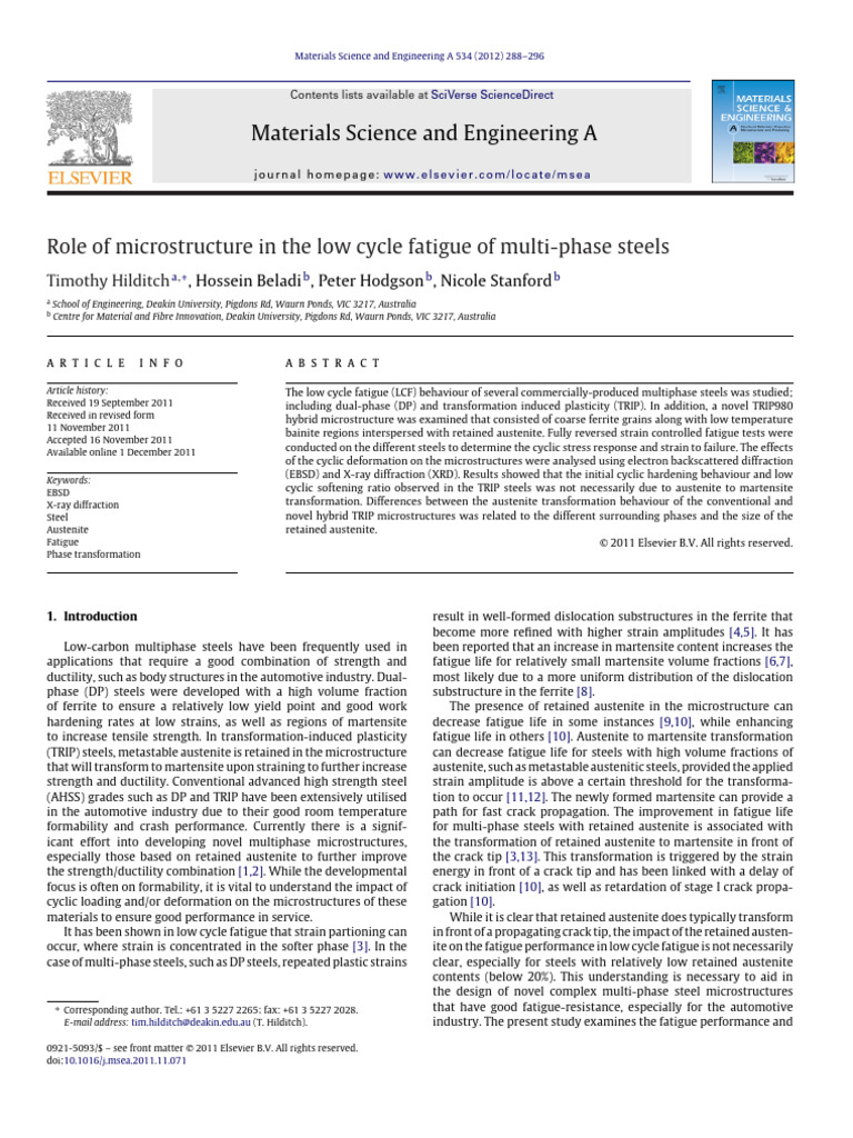 2012 Role Of Microstructure In The Low Cycle Fatigue Of Multi Phase Steels Pdf Materials