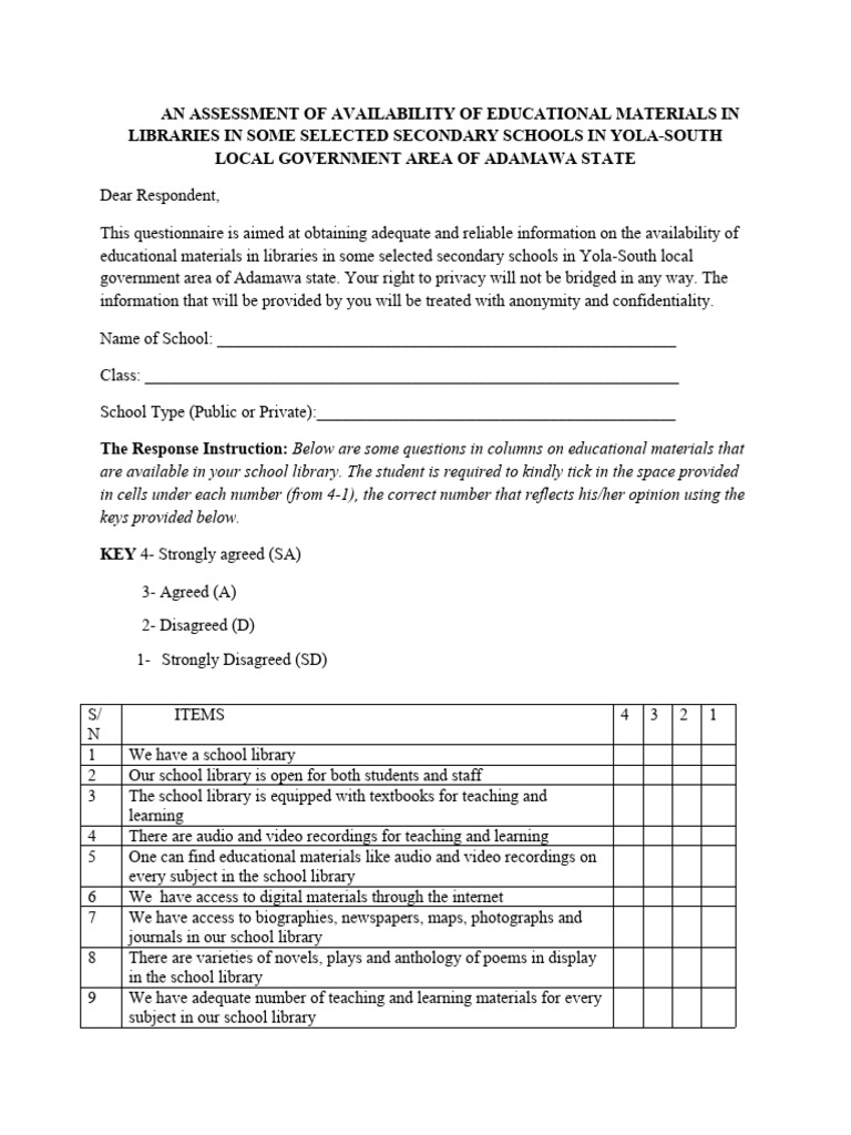 Questionaire For Students | Download Free PDF | Libraries | Questionnaire