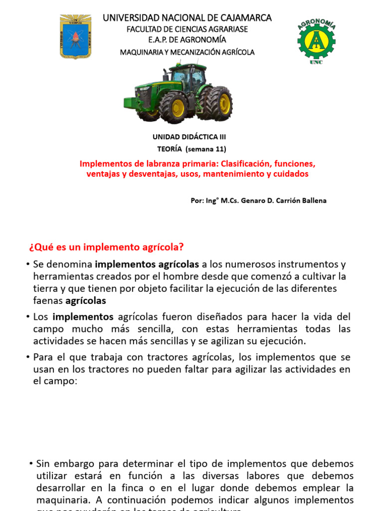 Teoría- semana 11 - Implementos de labranza primaria Clasificación ...