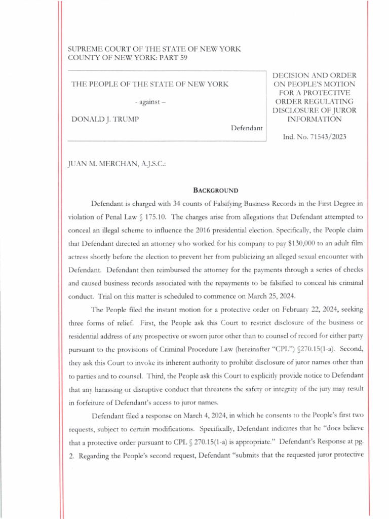 Trump Criminal Trial New York Judge Merchan Order Re Juror Names | PDF ...