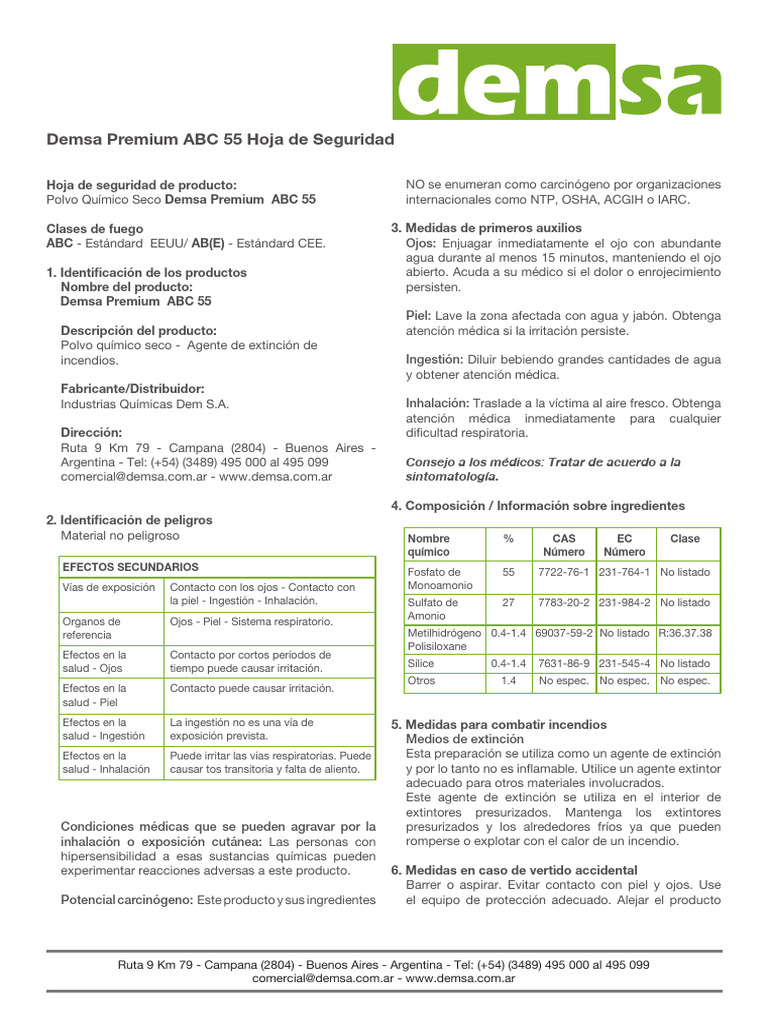 Hoja de Seguridad de Polvo Demsa | PDF