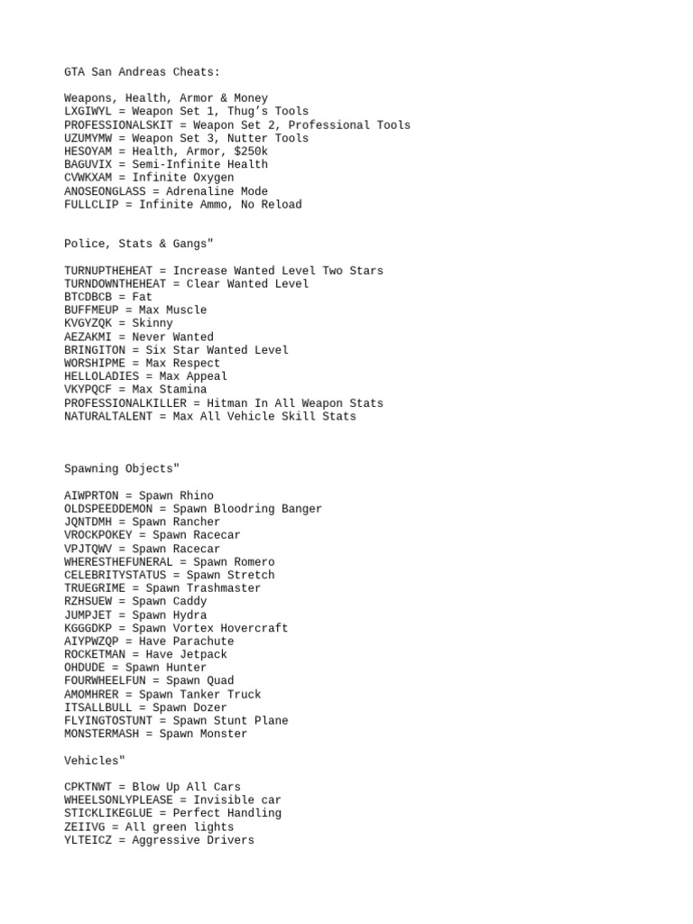 GTA San Andreas Cheats | PDF