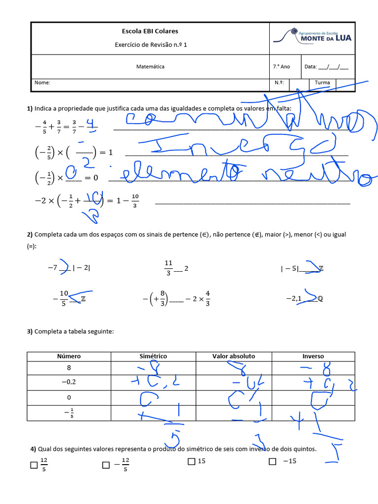 Exercícios de Matemática 7º Ano EBI Colares | PDF