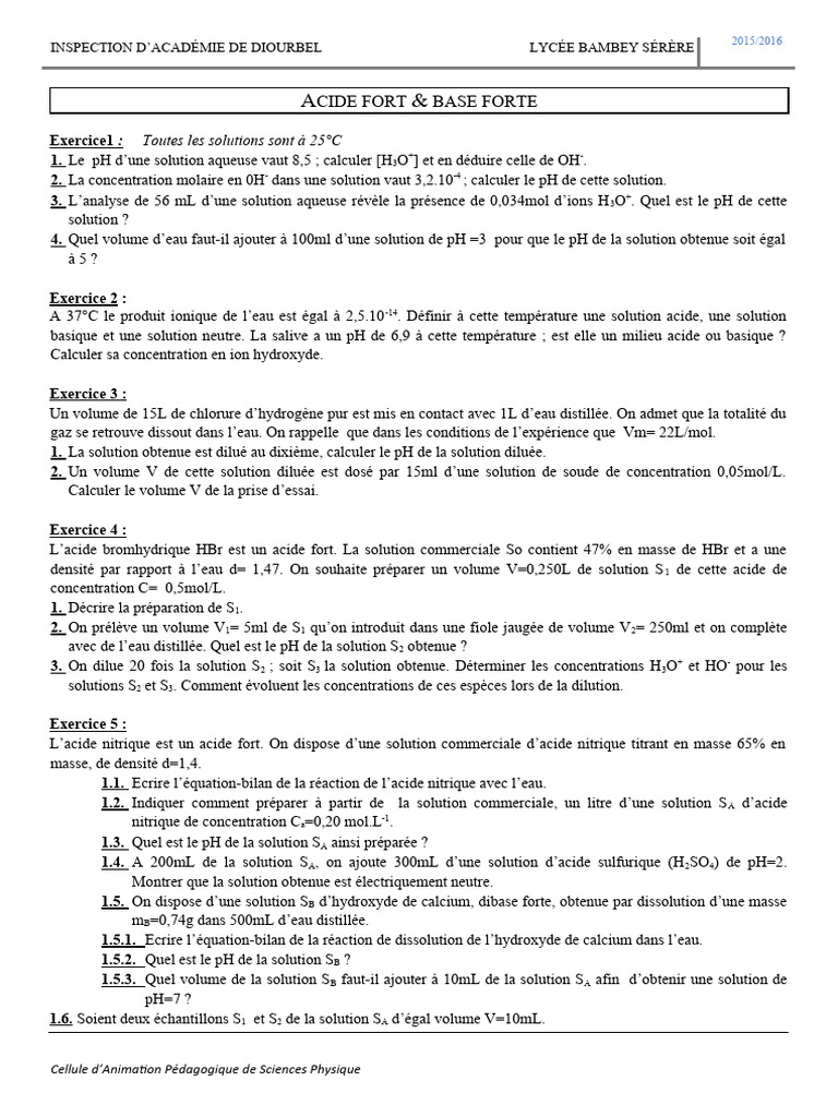 Exercices sur Acides et Bases Fortes | PDF | Ph | Concentration molaire
