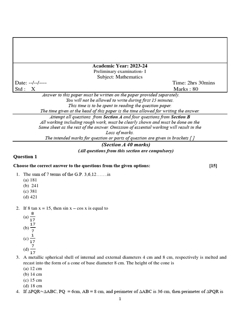 STD X Math Prelim 3 | PDF | Circle | Mathematics