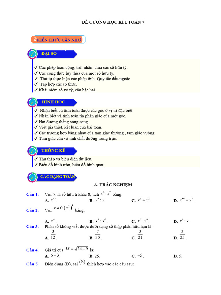 Đề Cương Học Kì 1 Toán 7 | PDF
