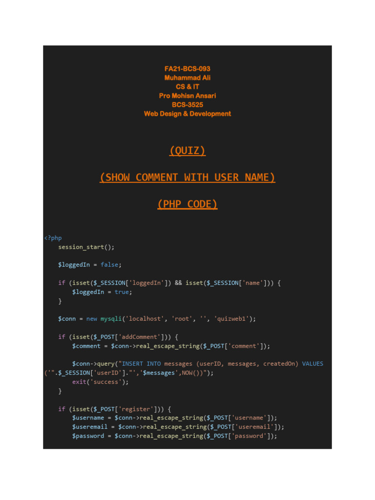 (QUIZ) (Show Comment With User Name) (PHP Code) | PDF | Login | User ...