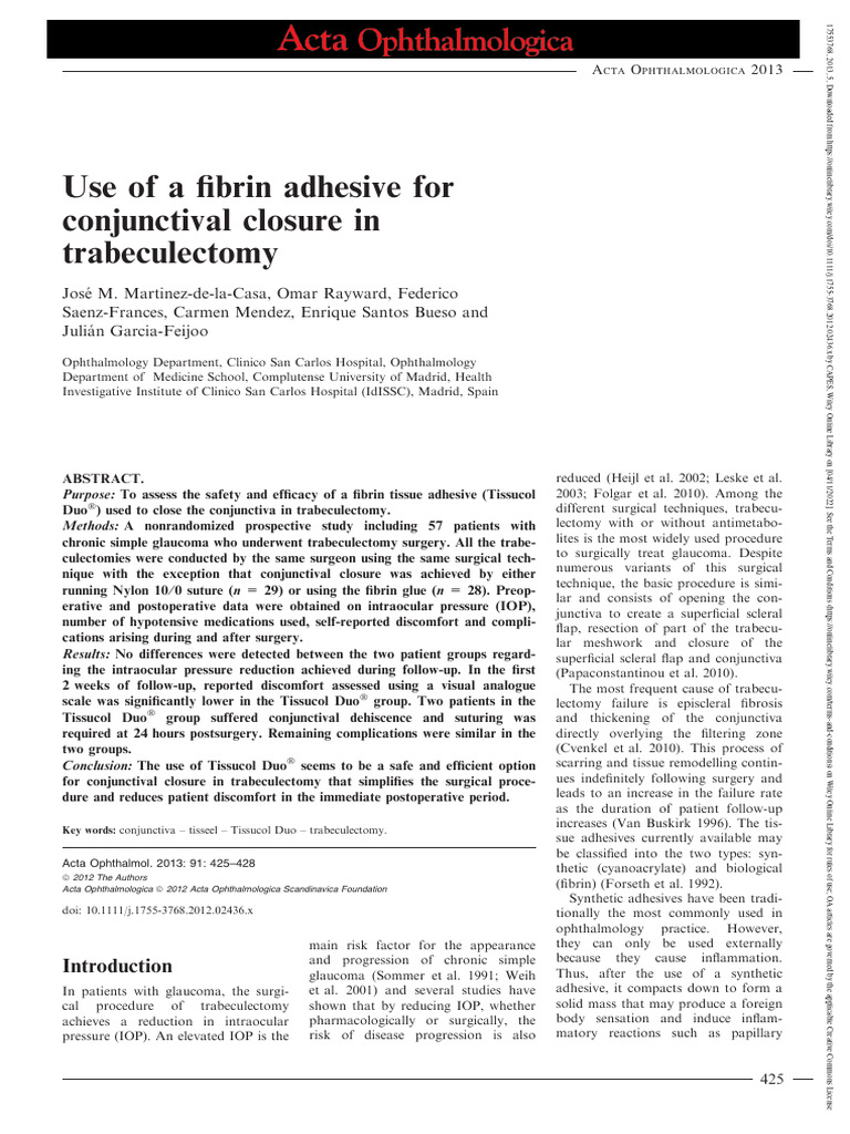 Use of A Fibrin Adhesive For Conjunctival Closure in Trabeculectomy ...