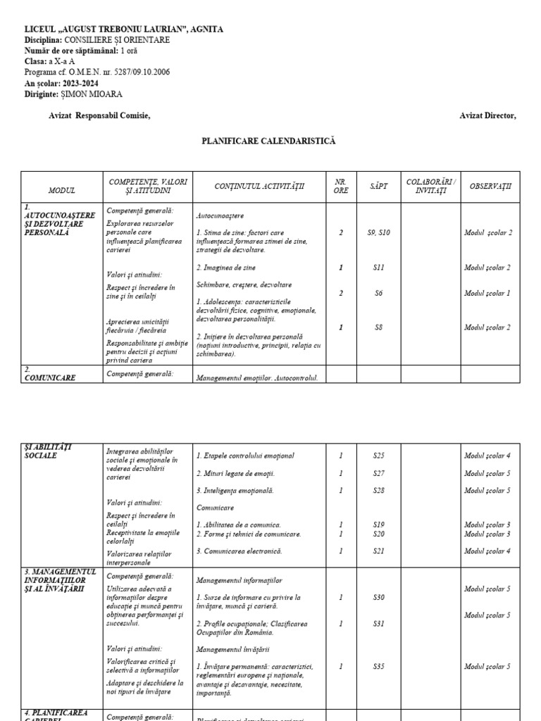 Planificare Dirigentie X 2023 2024 | PDF