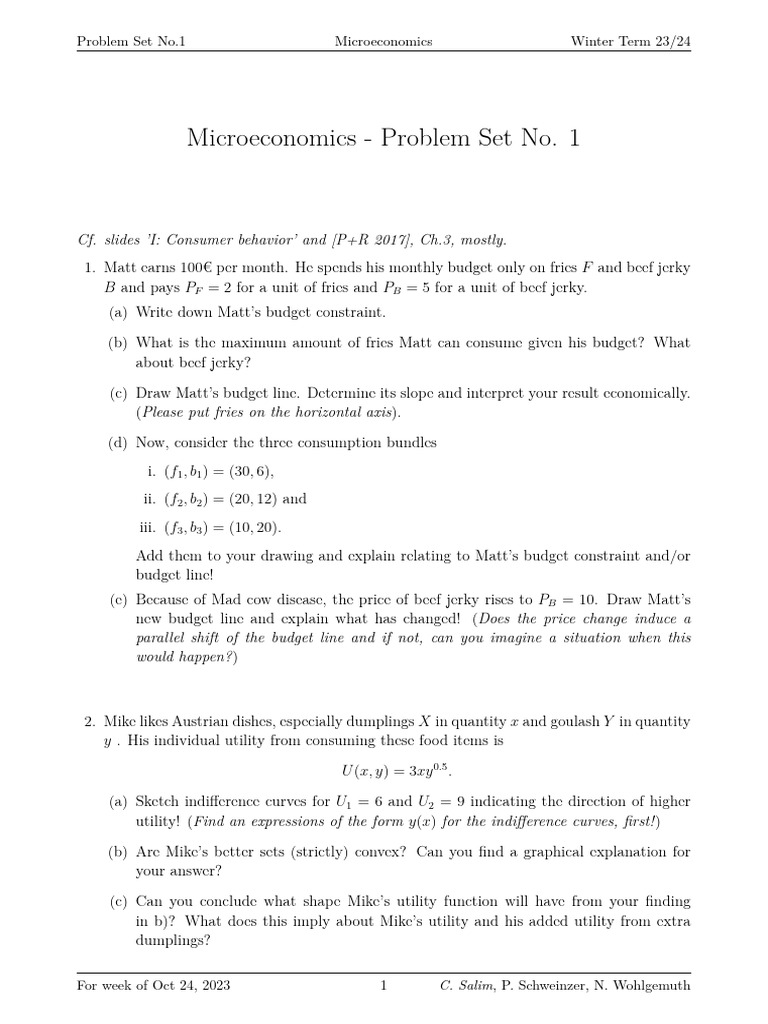 Problem Set 1 | PDF | Utility | Microeconomics
