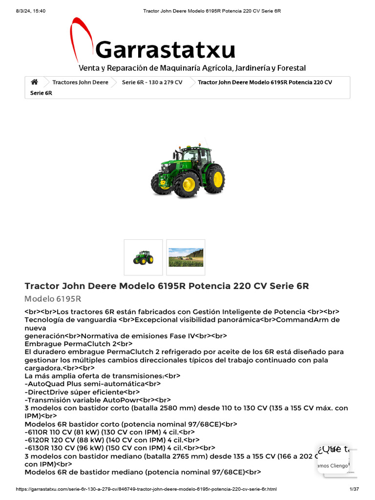 Tractor John Deere 6195R: 220 CV 6R | PDF | Turbocompresor | Inyección ...