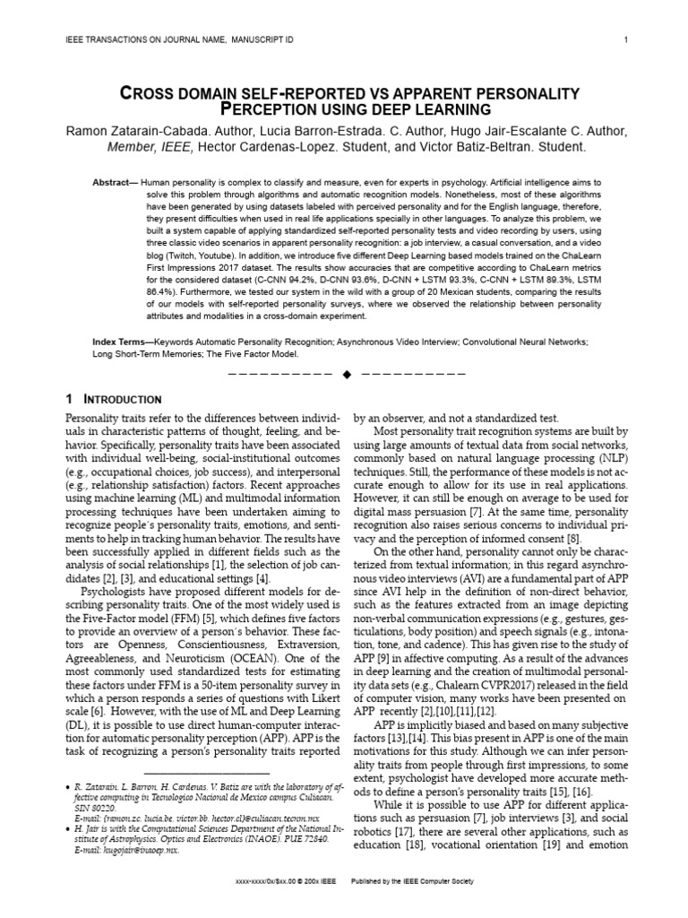Cross Domain Self-Reported Vs Apparent Personality Perception Using Deep Learning | PDF | Deep ...