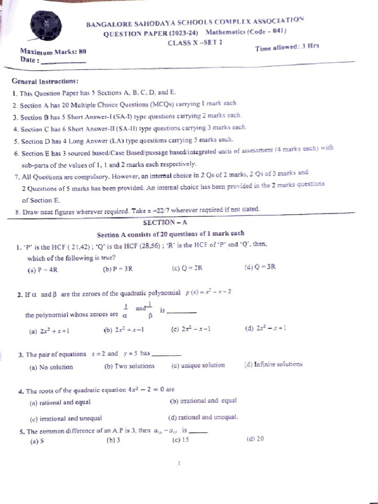 Sahodaya Class 10 Maths Paper 2024 | PDF | Mathematical Analysis ...