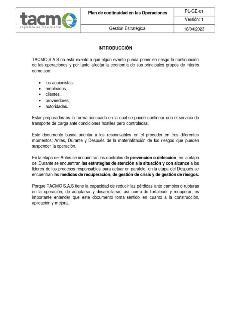 Plan de Continuidad Operativa TACMO S.A.S | PDF | Gestión estratégica ...