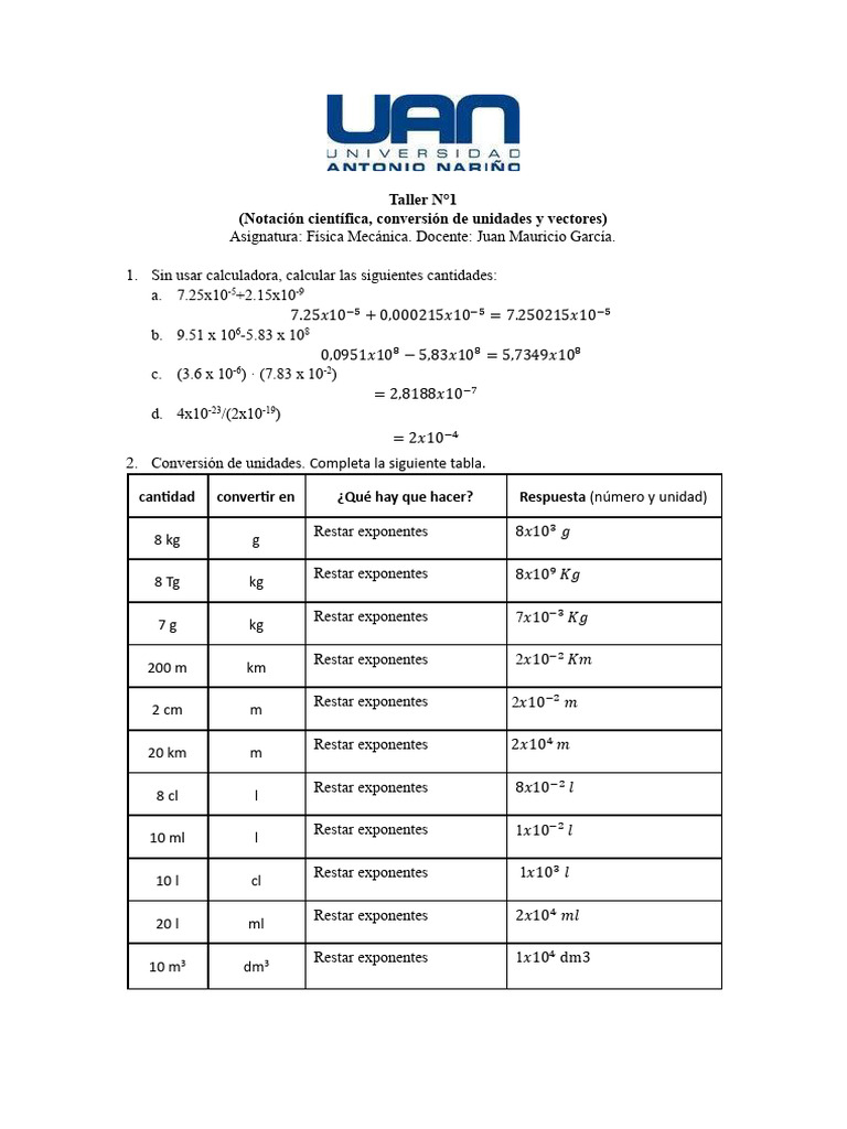 Taller Nº1 Notacion Cientifica, Conversion de Unidades y Vectores | PDF | Vector Euclidiano ...