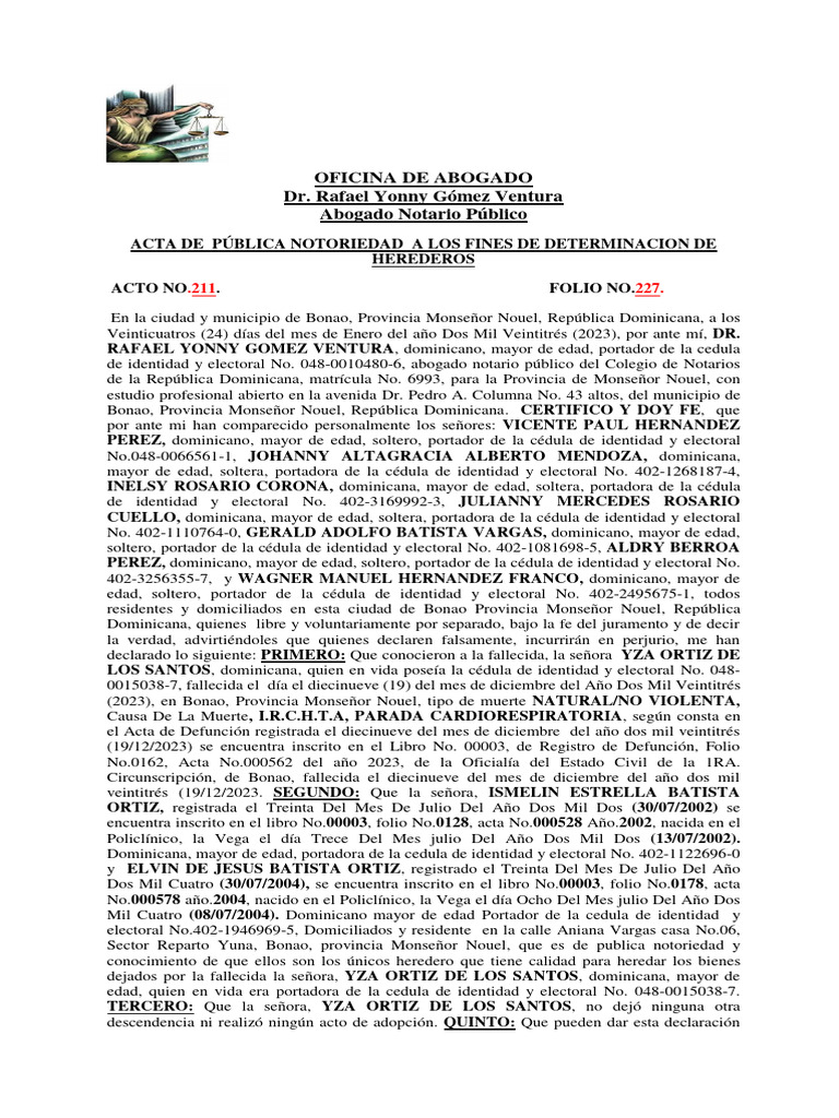 Acta de Determinación de Herederos | PDF | República Dominicana