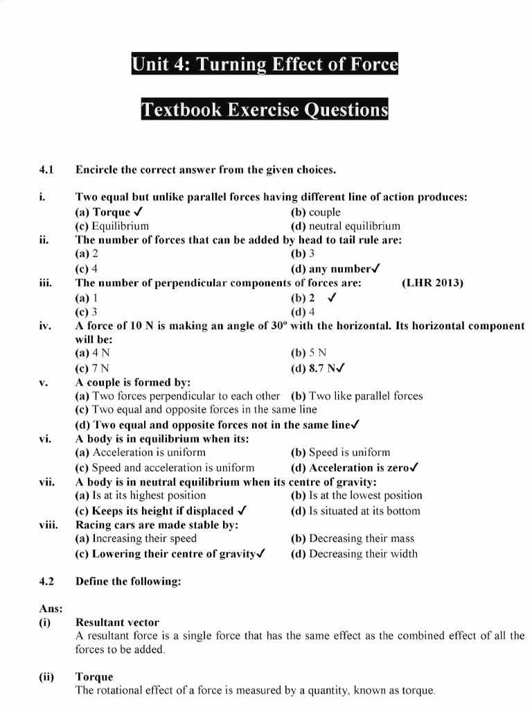 9th Phy Chap 4 Exercise MCQs & SQs | PDF