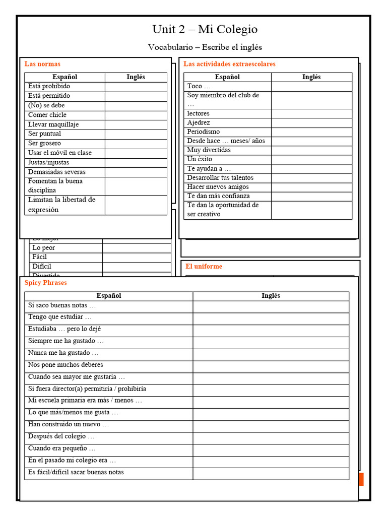 Vocabulario y Gramática sobre el Colegio | PDF