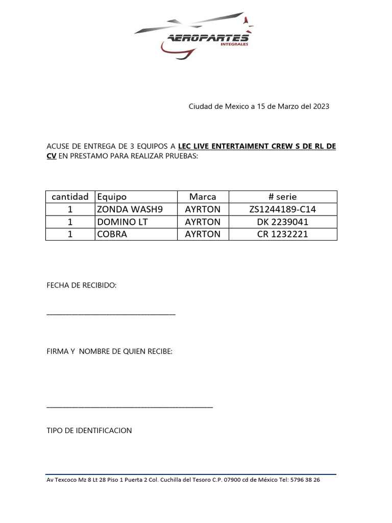 Acuse de Entrega EQUIPOS PRUEBA WHOLESTAGE | PDF