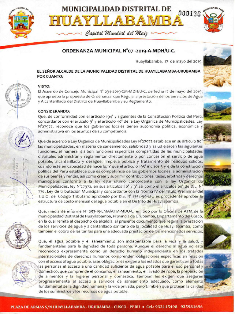 Ordenanza Municipal N°07-2019-A-MDH-U-C - Regula Los Servicios de Agua ...