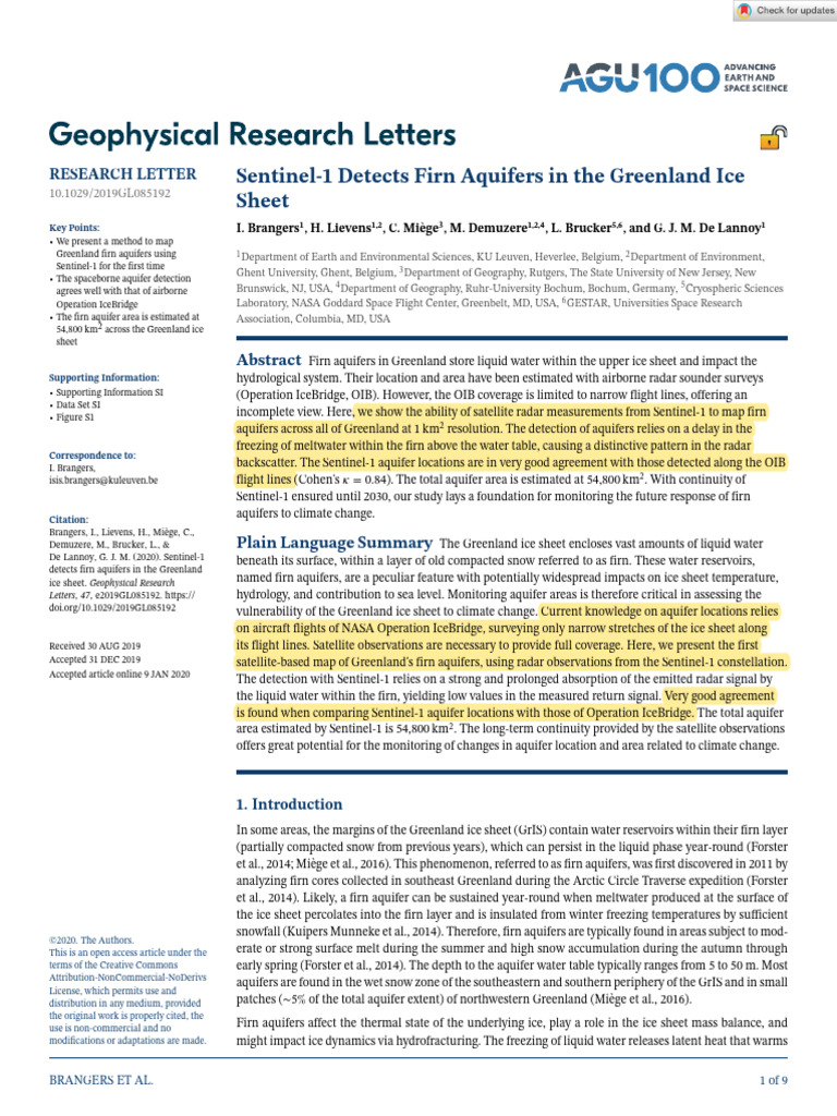 Geophysical Research Letters - 2020 - Brangers - Sentinel 1 Detects ...