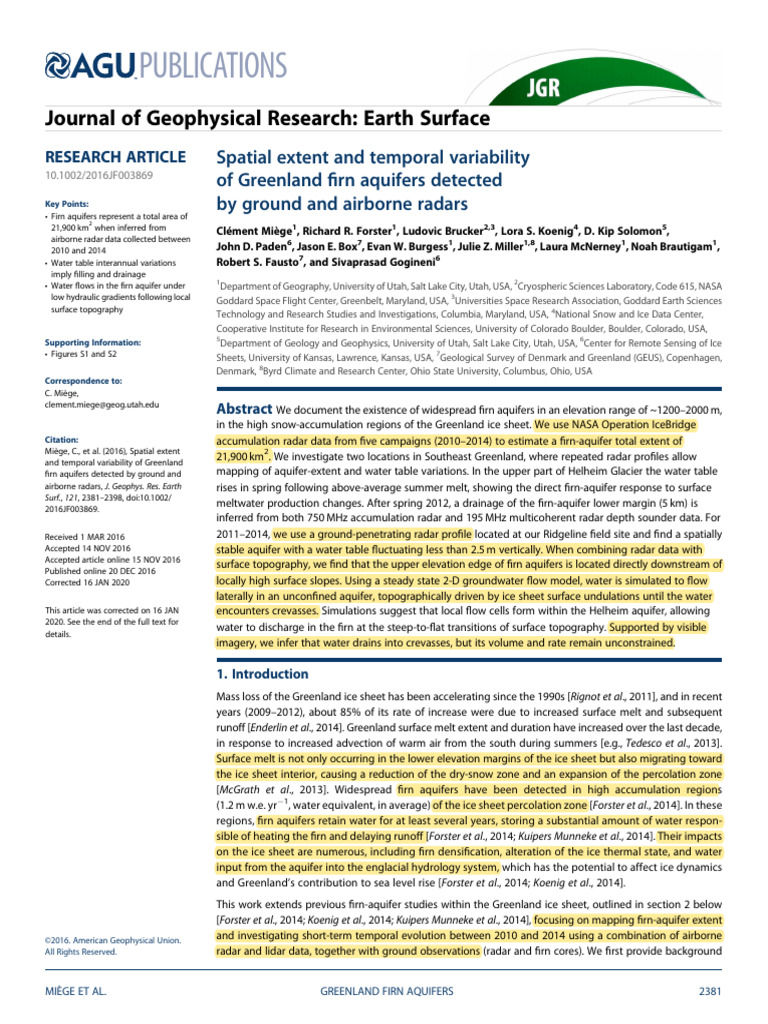 JGR Earth Surface - 2016 - Mi Ge - Spatial Extent and Temporal Variability of Greenland Firn ...