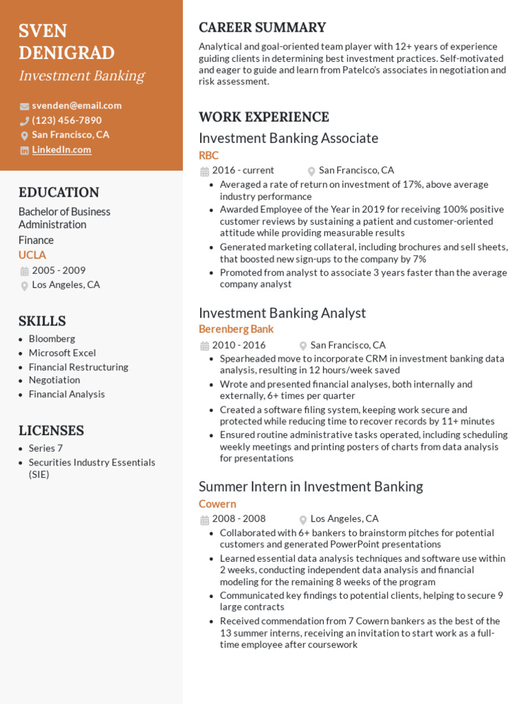 Investment Banking Resume Example | PDF | Financial Analyst ...