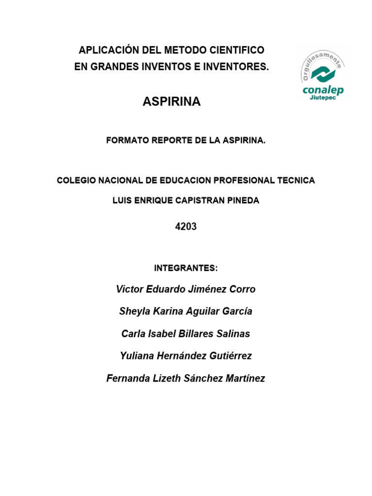 Aplicación Del Metodo Cientifico Aspirina | PDF | Aspirina | Droga anti-inflamatoria libre de ...