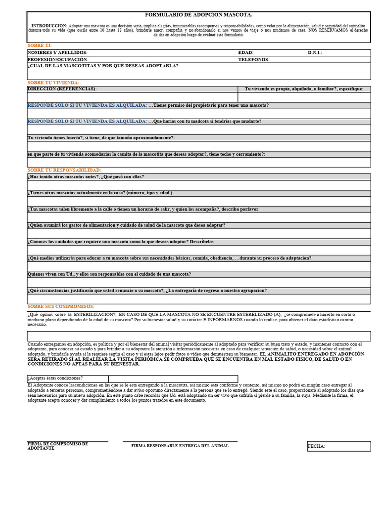 FORMULARIO DE ADOPCION Basico | PDF | Adopción