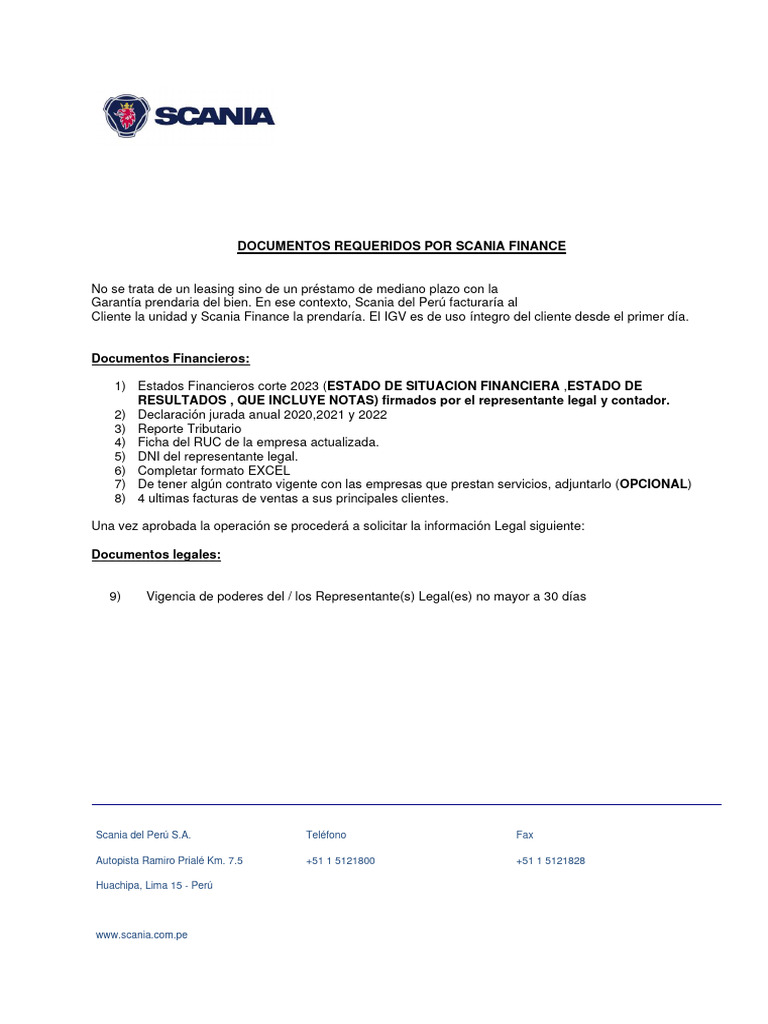 Documentos Evaluación de Credito Scania Finance | PDF