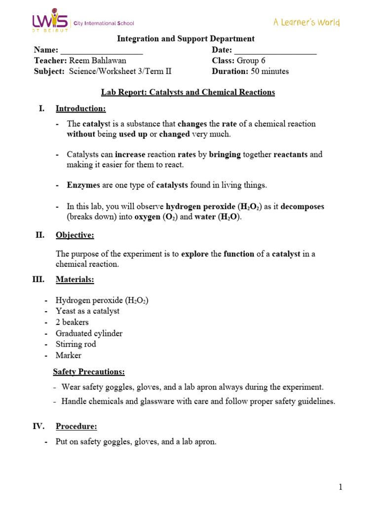 Lab Report on Catalysts in Reactions | PDF | Catalysis | Hydrogen Peroxide