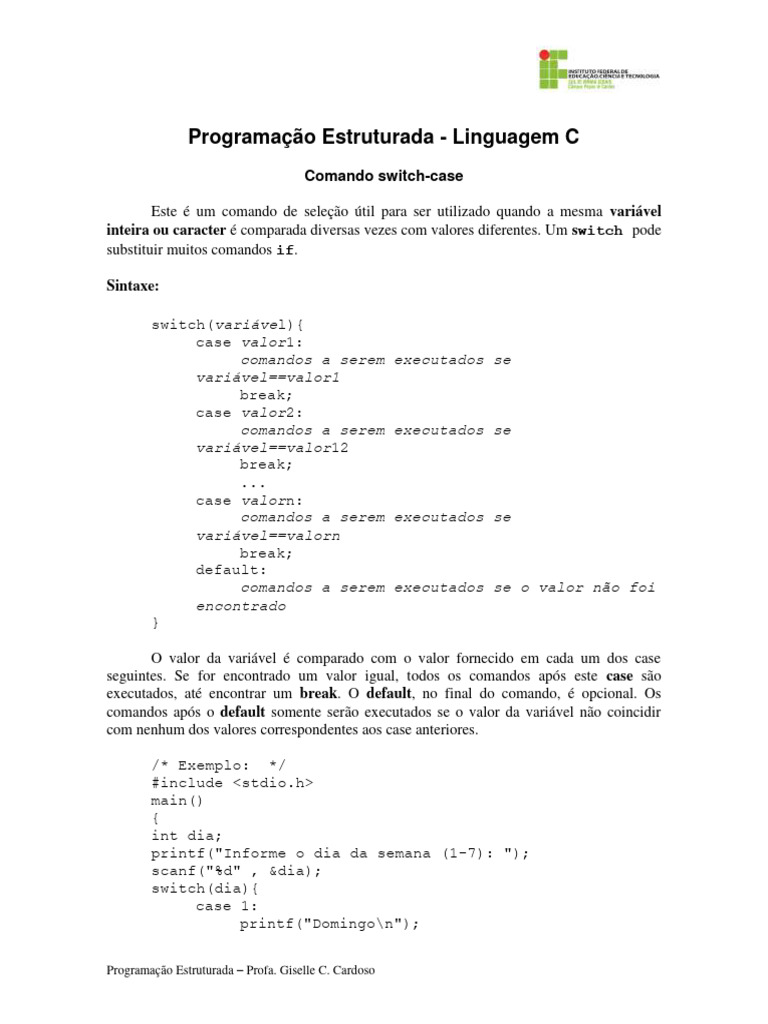 Comando Switch-Case | Download grátis PDF | C (linguagem de programação ...