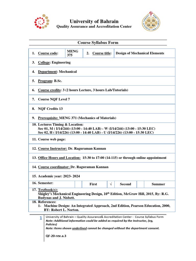MENG 375 QAAC-CourseSpecification Revised | PDF | Mechanical Engineering | Physical Sciences