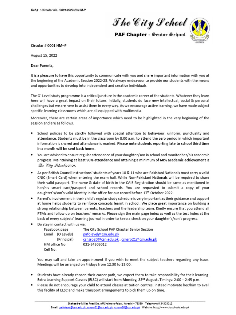 Circular # 0001 (Welcome Letter) | PDF | Teachers