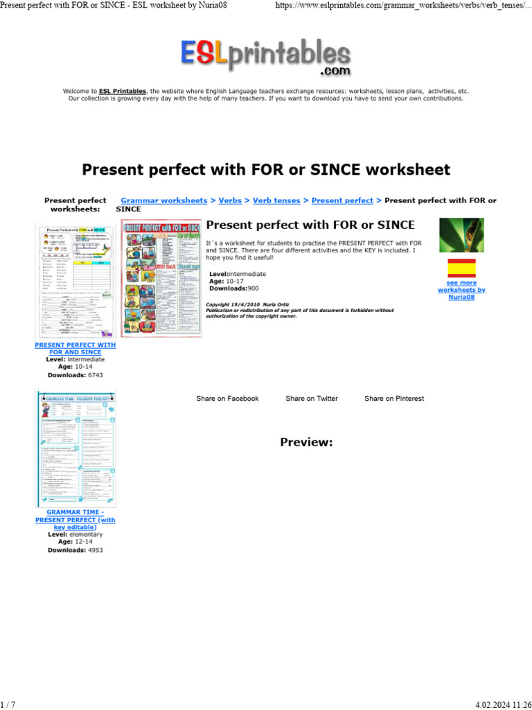 Present Perfect With For or SINCE For The Kids | PDF