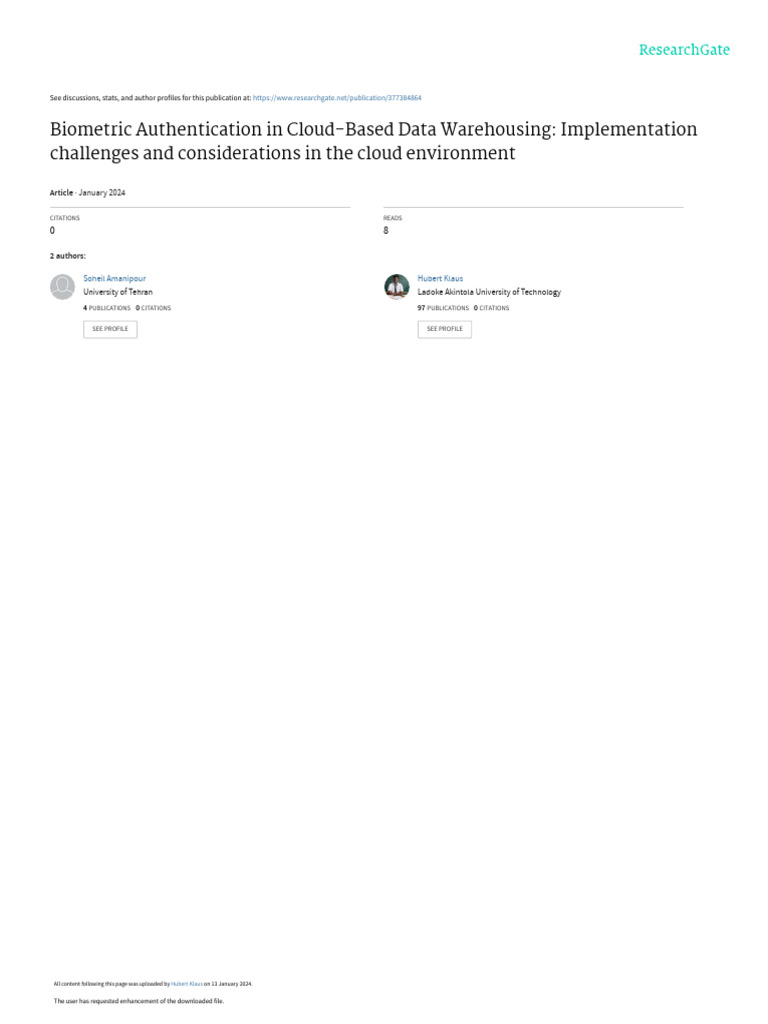 Biometric Authentication in Cloud-Based Data Warehousing: Implementation Challenges and ...