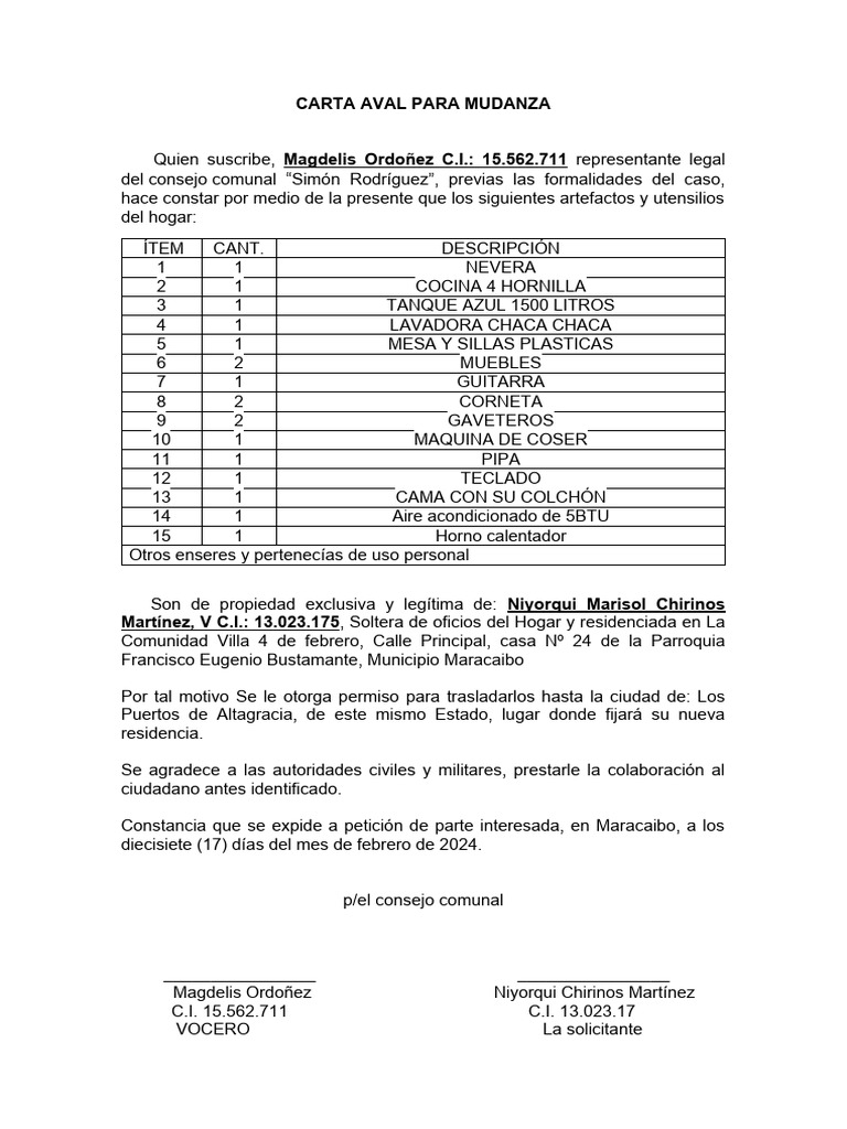 Carta Aval para Mudanza | PDF