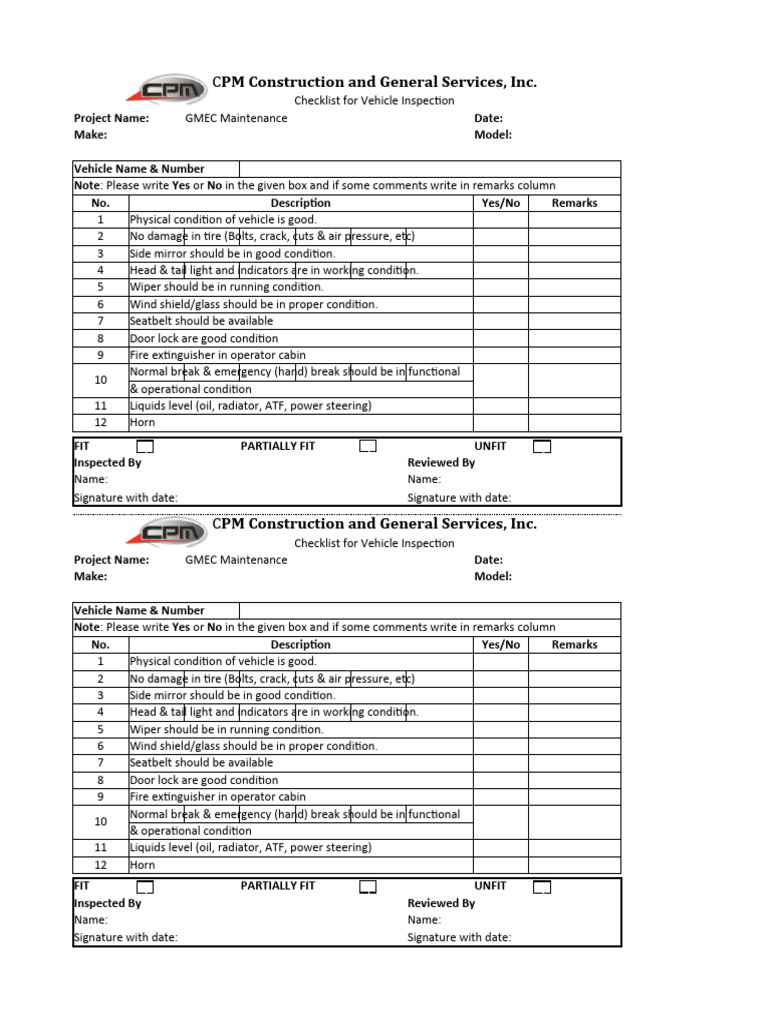 Vehicle Checklist | PDF | Transport | Vehicles
