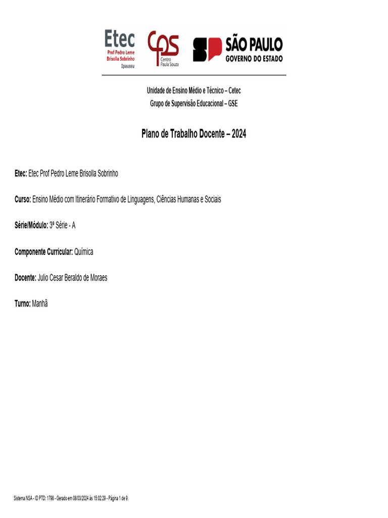 PTD - QUÍMICA 2 Ano | PDF | Ciências e Matemática