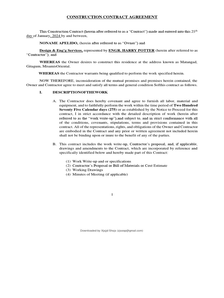 Construction Contract Agreement For Print - Final 1 | PDF | General ...