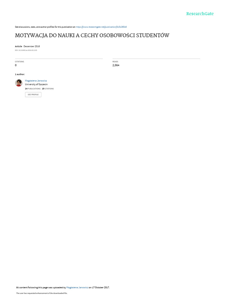 Motywacja Do Nauki A Cechy Osobowosci Studentow | PDF