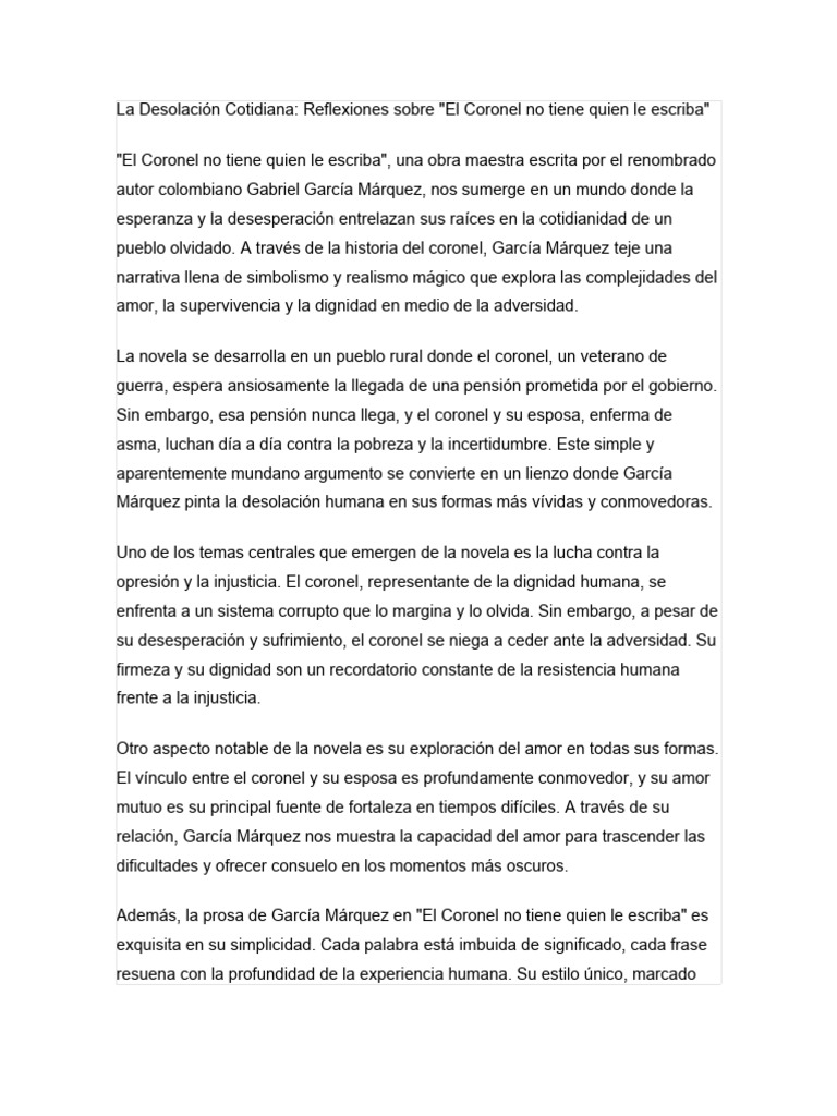 La Desolación en "El Coronel" | PDF | Gabriel García Márquez | Amor