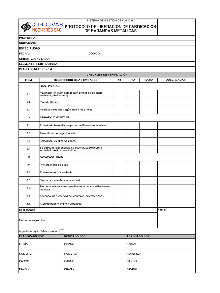 Protocolo de Liberacion de Fabricacion de Barandas Metalicas | PDF