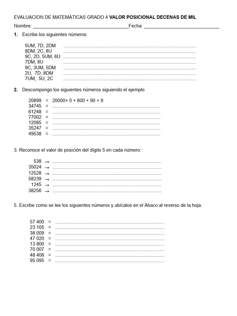 Evaluacion de Matemáticas Grado 4 Valor Posicional Decenas de Mil | PDF ...