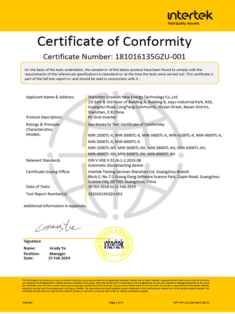Intertek Certificate for Growatt | PDF | Alternating Current | Physical Quantities