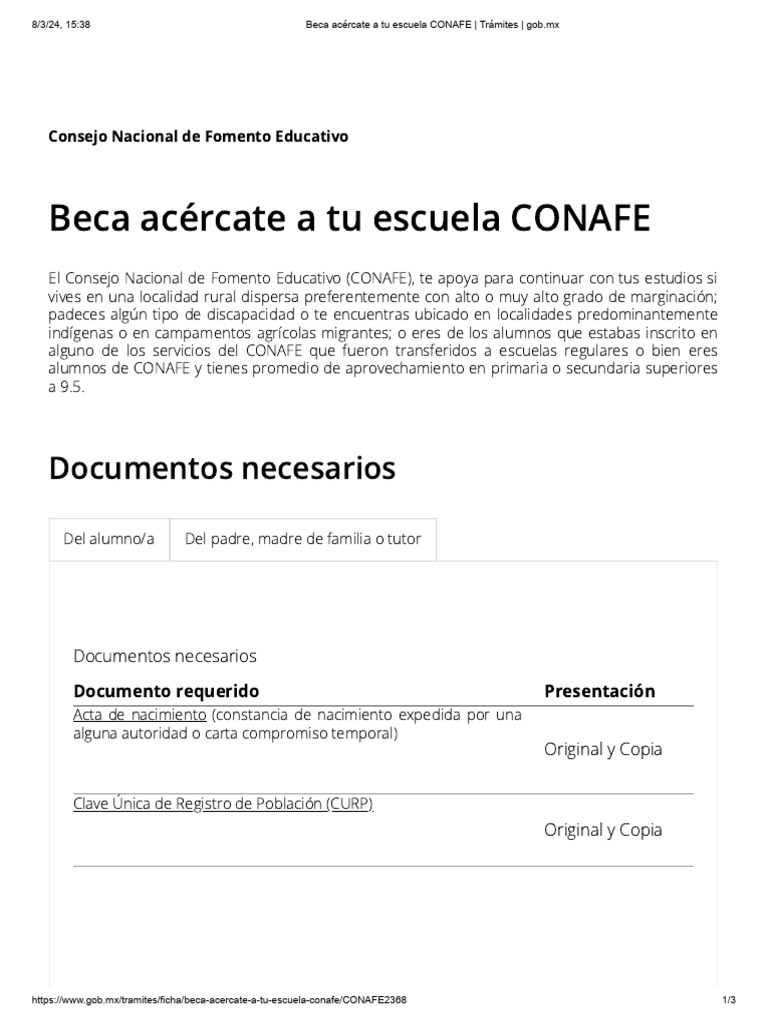 Beca Acércate A Tu Escuela CONAFE - Trámites - Gob - MX | PDF ...
